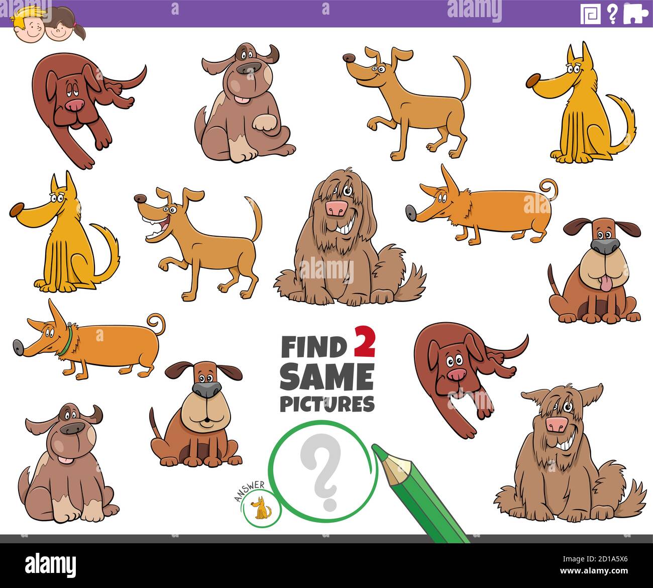 Cartoon Illustration of Finding Two Same Pictures Educational Task for ...