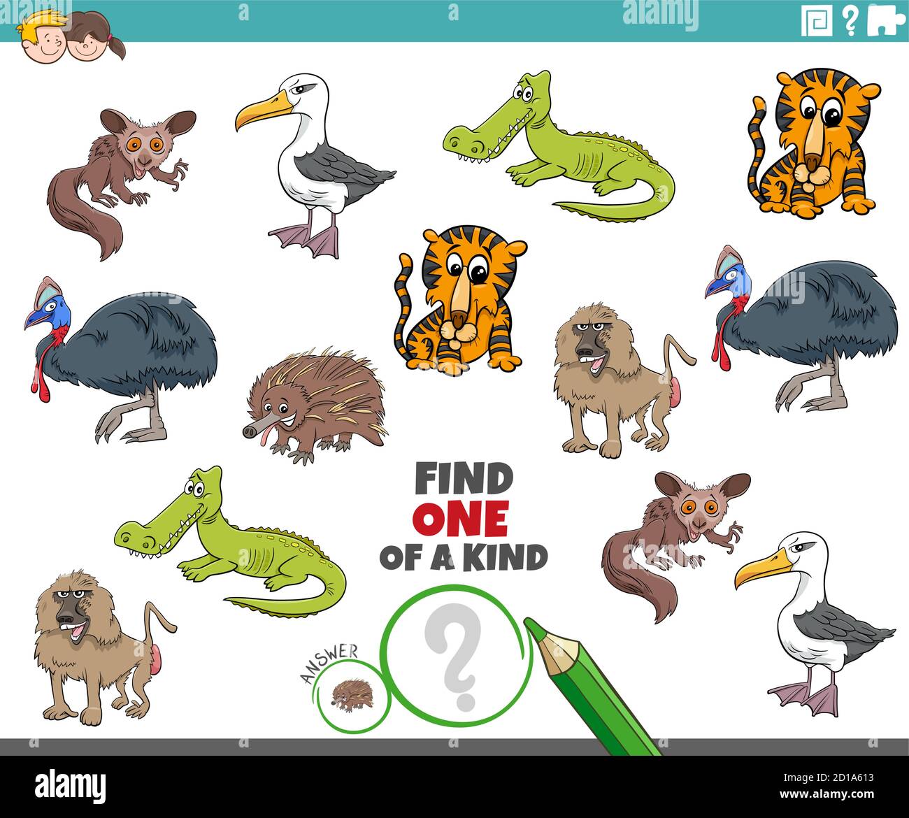 Cartoon Illustration of Find One of a Kind Picture Educational Game ...