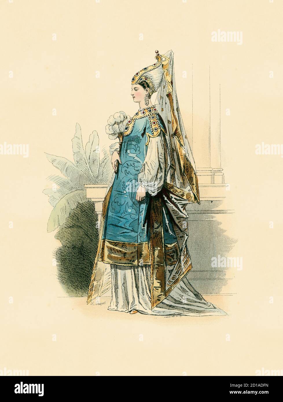 Portrait of Turkish princess from 16th century, hand-colored engraving ...