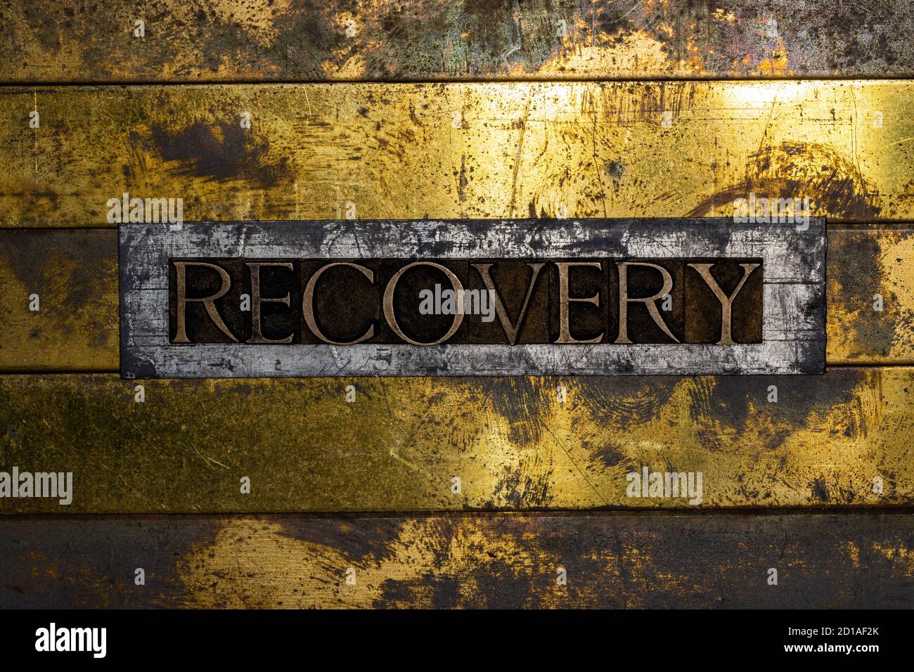 Recovery text message on vintage textured grunge copper and gold ...