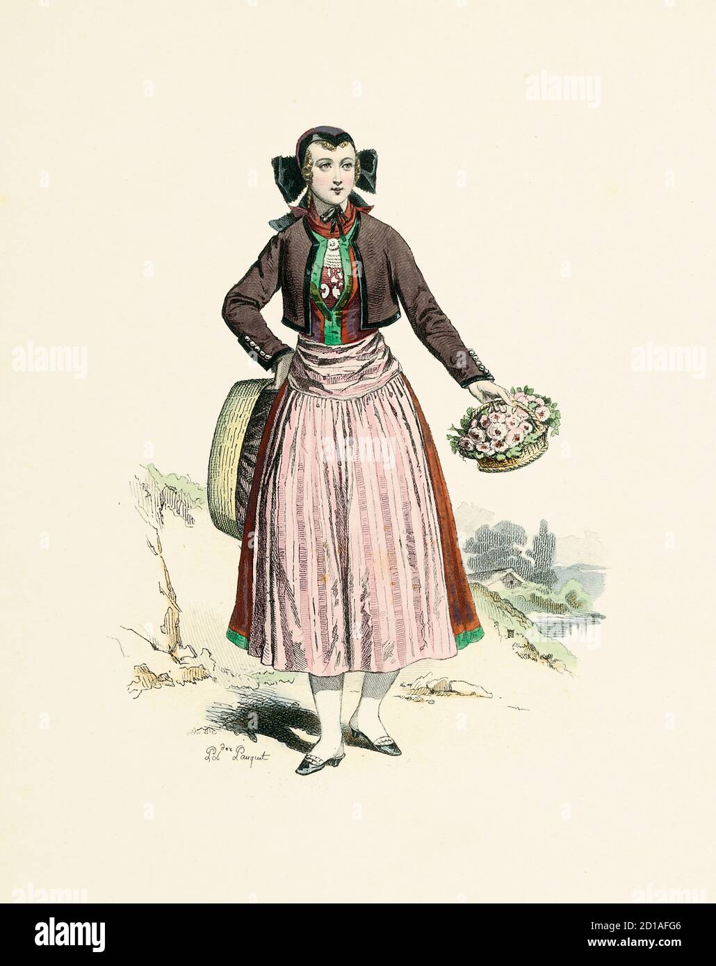 Portrait of flower girl from Hamburg, Germany in 1808, hand-colored ...