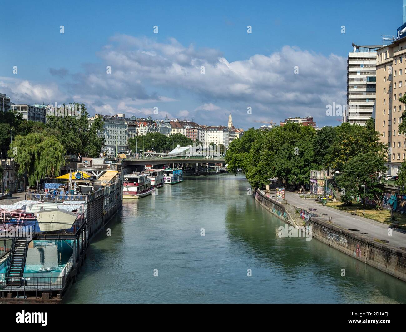 VIENNA, AUSTRIA - JULY 14, 2019: View along the Danube Canal with ...