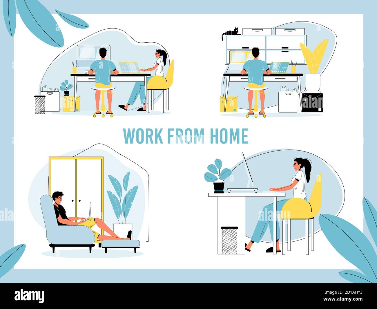 Man, woman freelancer work remotely from home set Stock Vector Image ...
