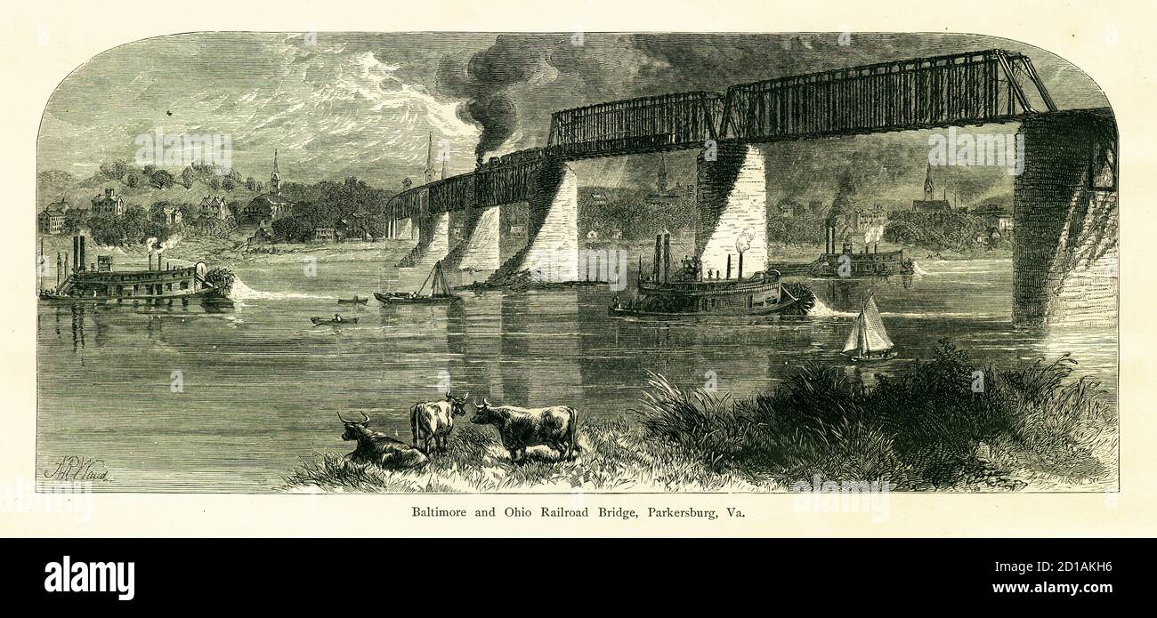 19th-century engraving of Baltimore and Ohio Railroad Bridge, one of ...