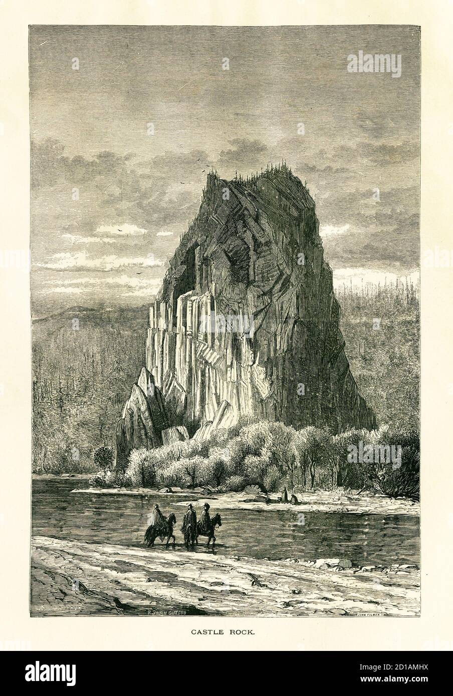 Wood engraving of Beacon Rock, a 258-metre rock in the Columbia River ...