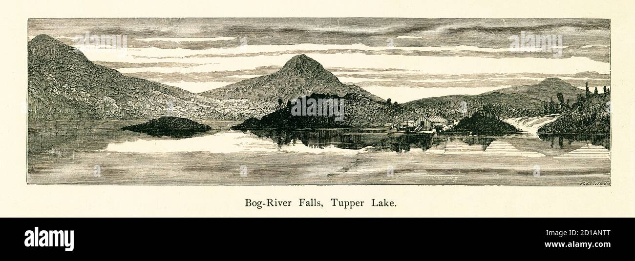 Antique engraving of Bog River Falls at the entrance to Tupper Lake ...