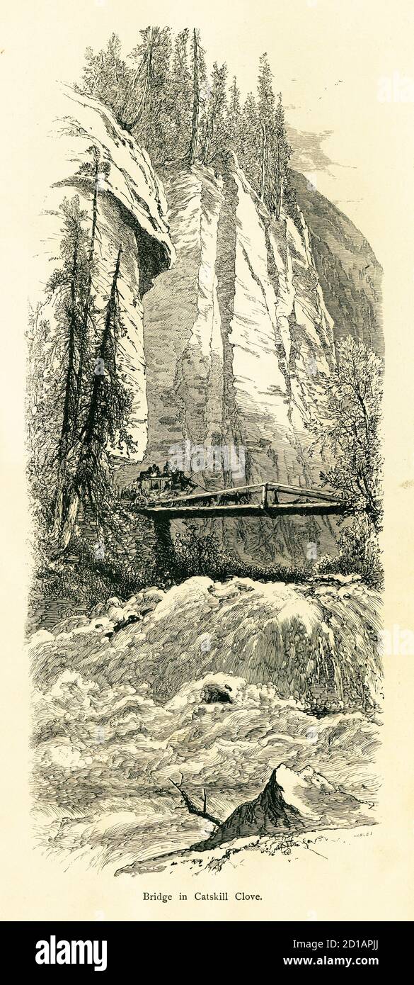 19th-century engraving of a bridge in Kaaterskill Clove, a gorge in ...