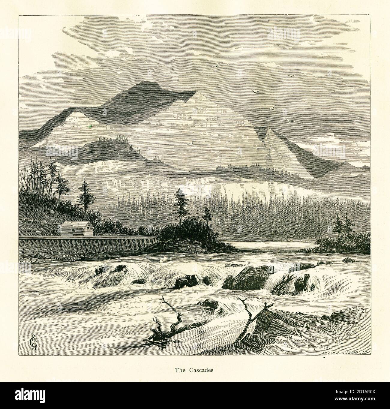 Antique illustration of the Cascades Rapids along Columbia River ...