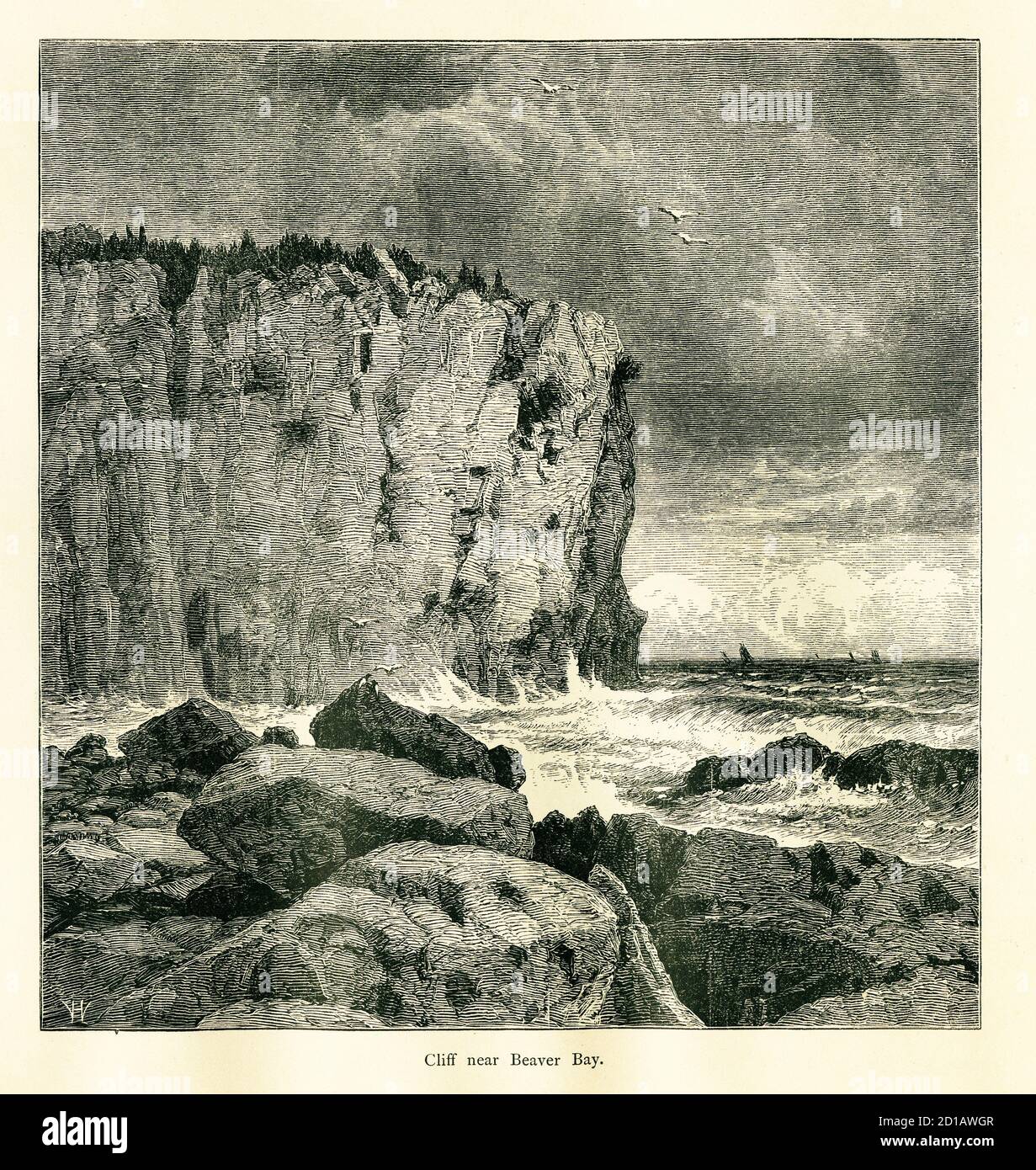 19th-century engraving of a cliff near Beaver Bay, on the north shore ...