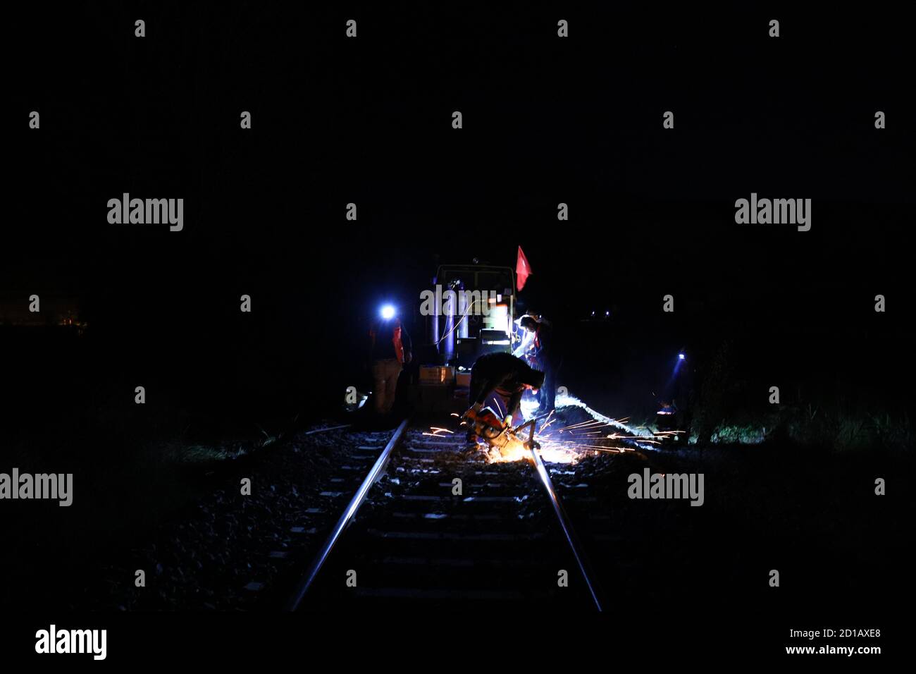 Rail cutting works at night Stock Photo - Alamy