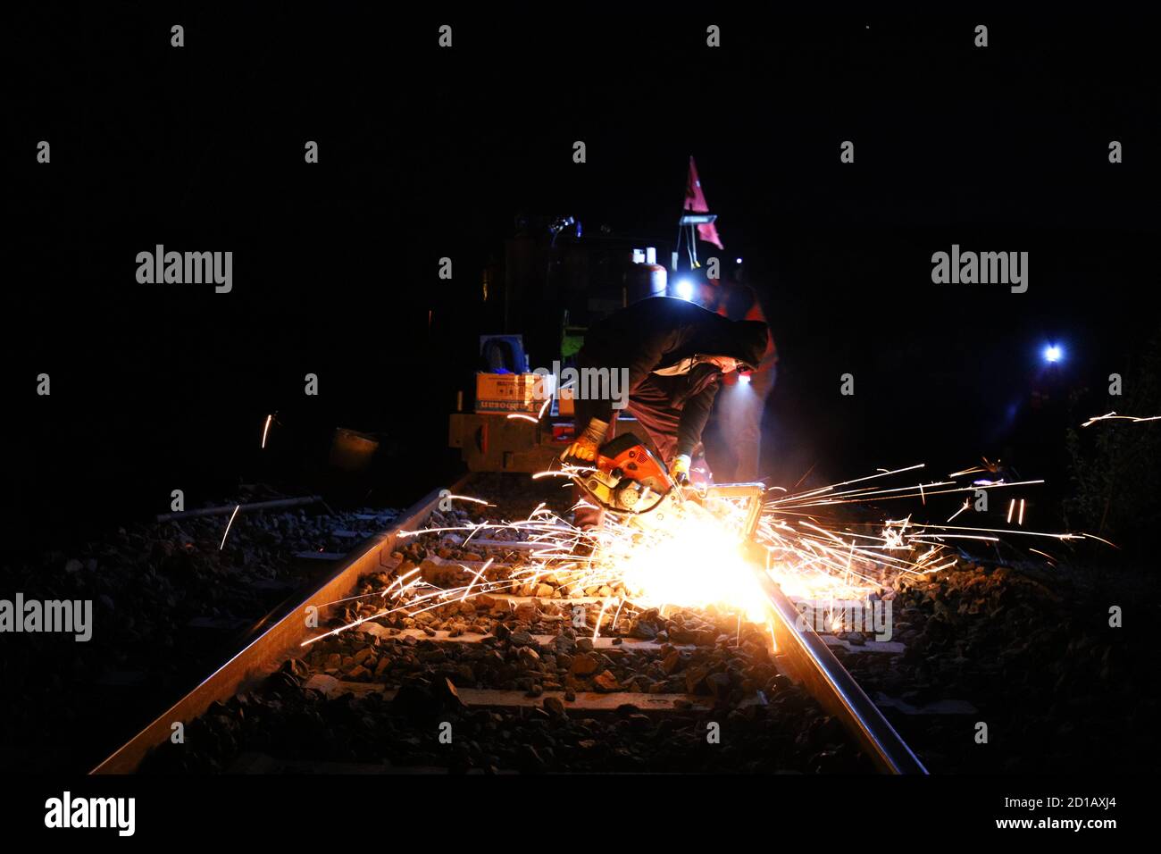 Rail cutting works at night Stock Photo - Alamy