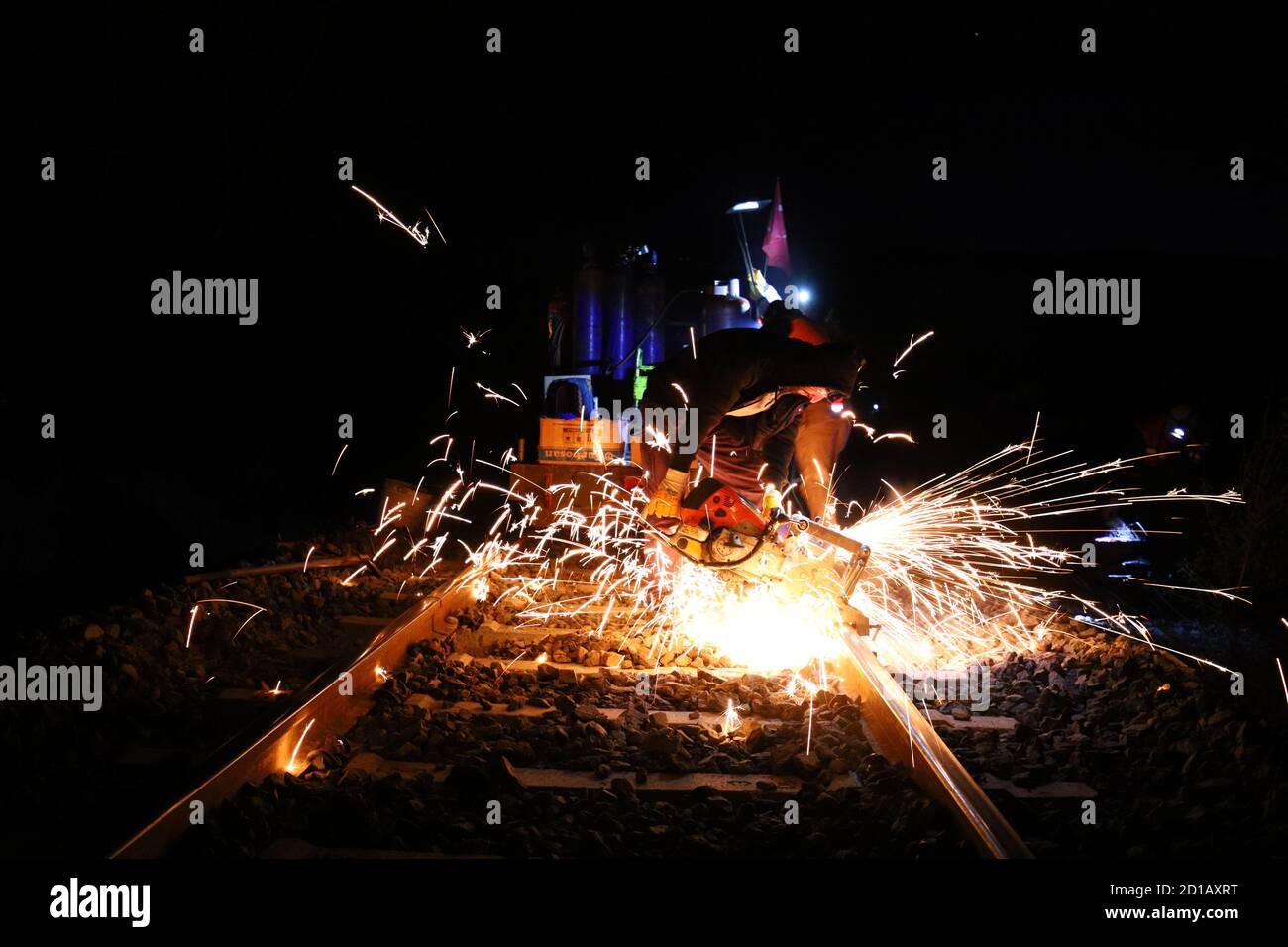 Rail cutting works at night Stock Photo - Alamy