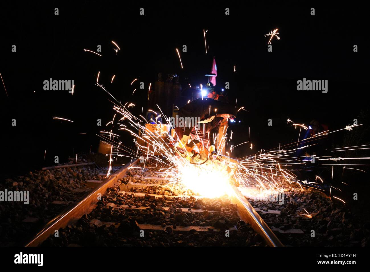 Rail cutting works at night Stock Photo - Alamy
