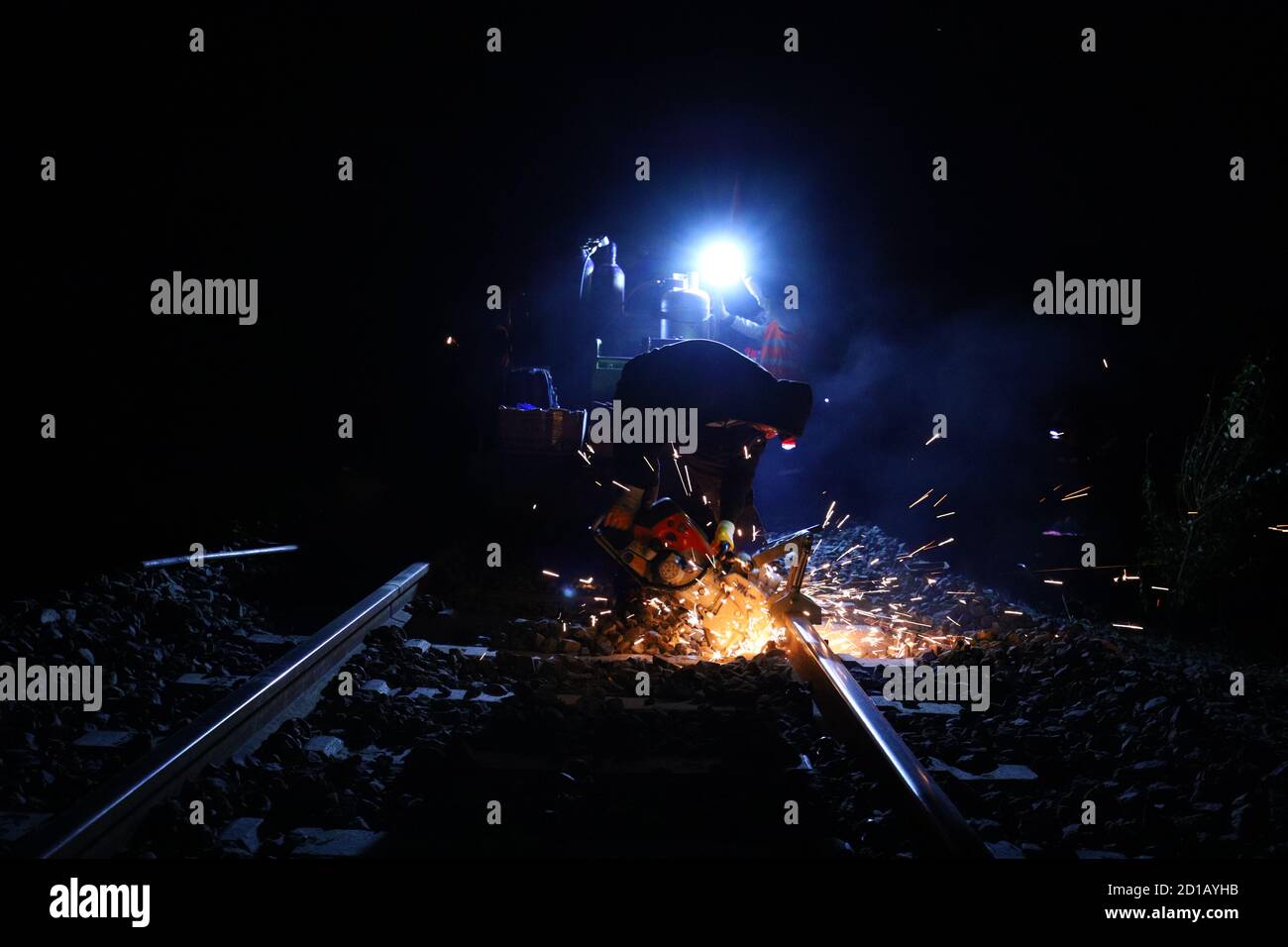 Rail cutting works at night Stock Photo - Alamy