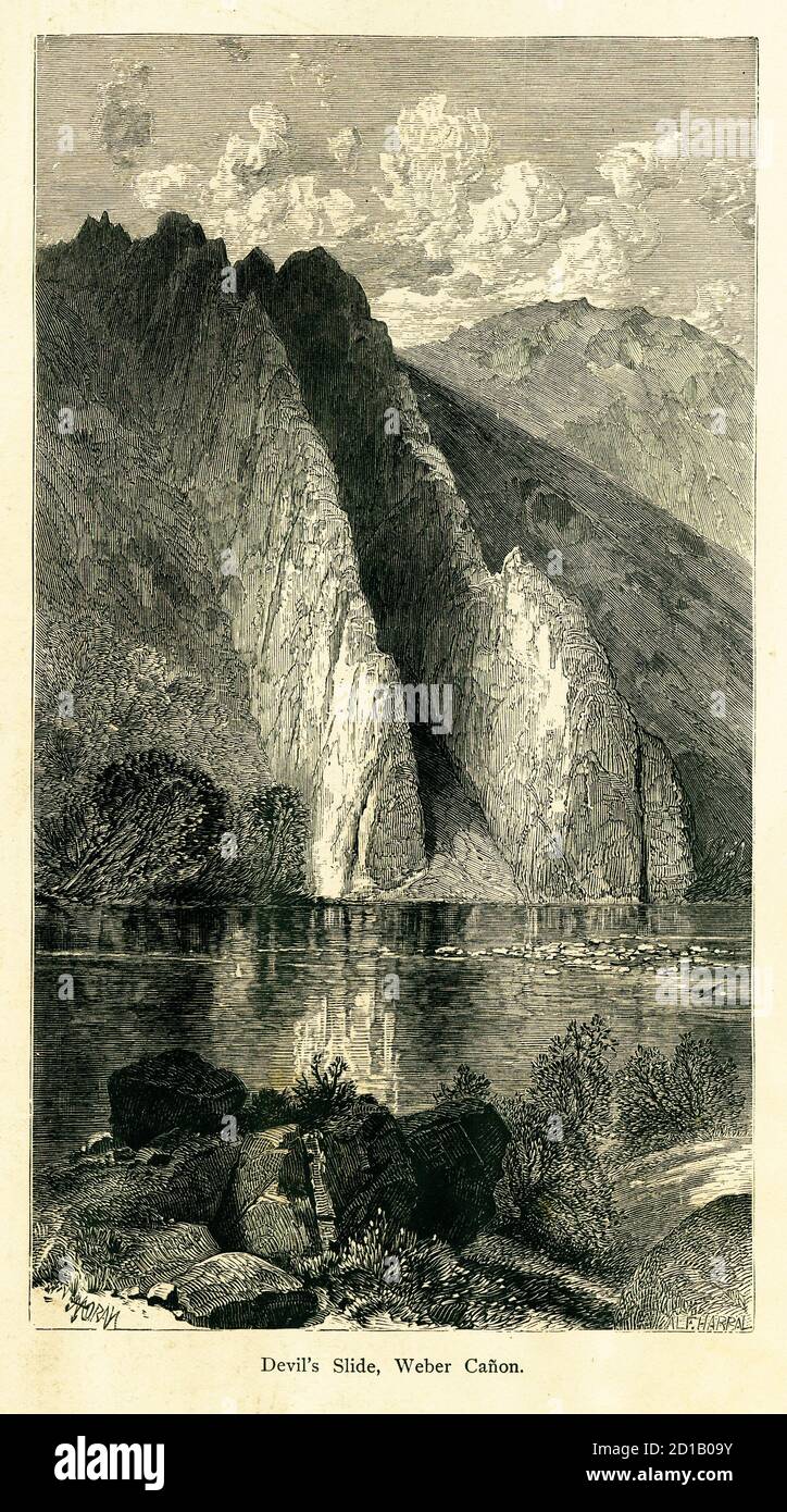 Antique illustration of Devil's Slide, a geological formation of two ...