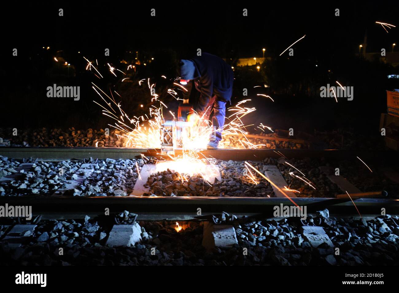 Rail cutting works at night Stock Photo - Alamy