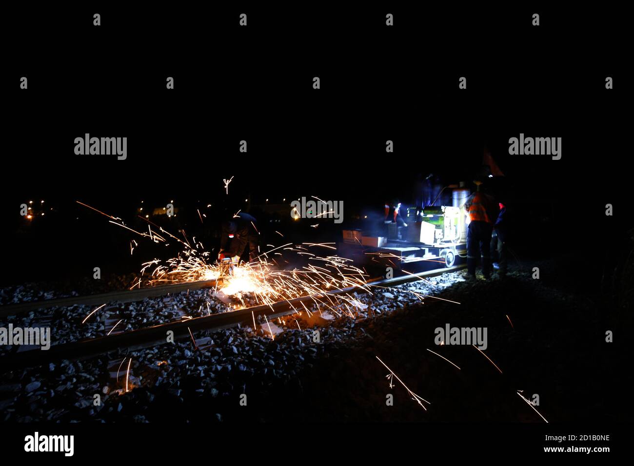 Rail cutting works at night Stock Photo - Alamy