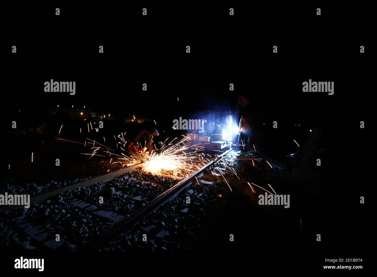 Rail cutting works at night Stock Photo - Alamy