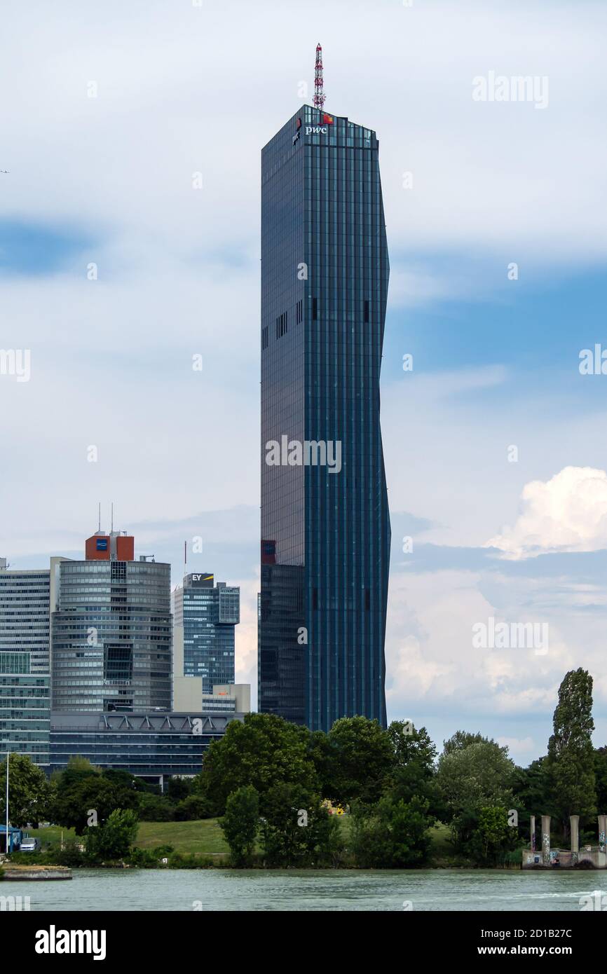 VIENNA, AUSTRIA - JULY 14, 2019: Exterior view of DC Tower 1 skyscaper ...