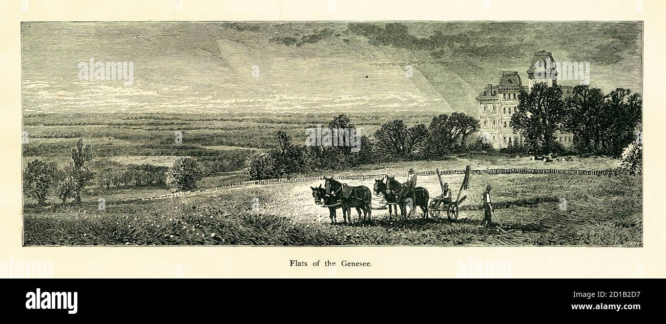 19th-century illustration of the flats of Genesee River, which flows ...