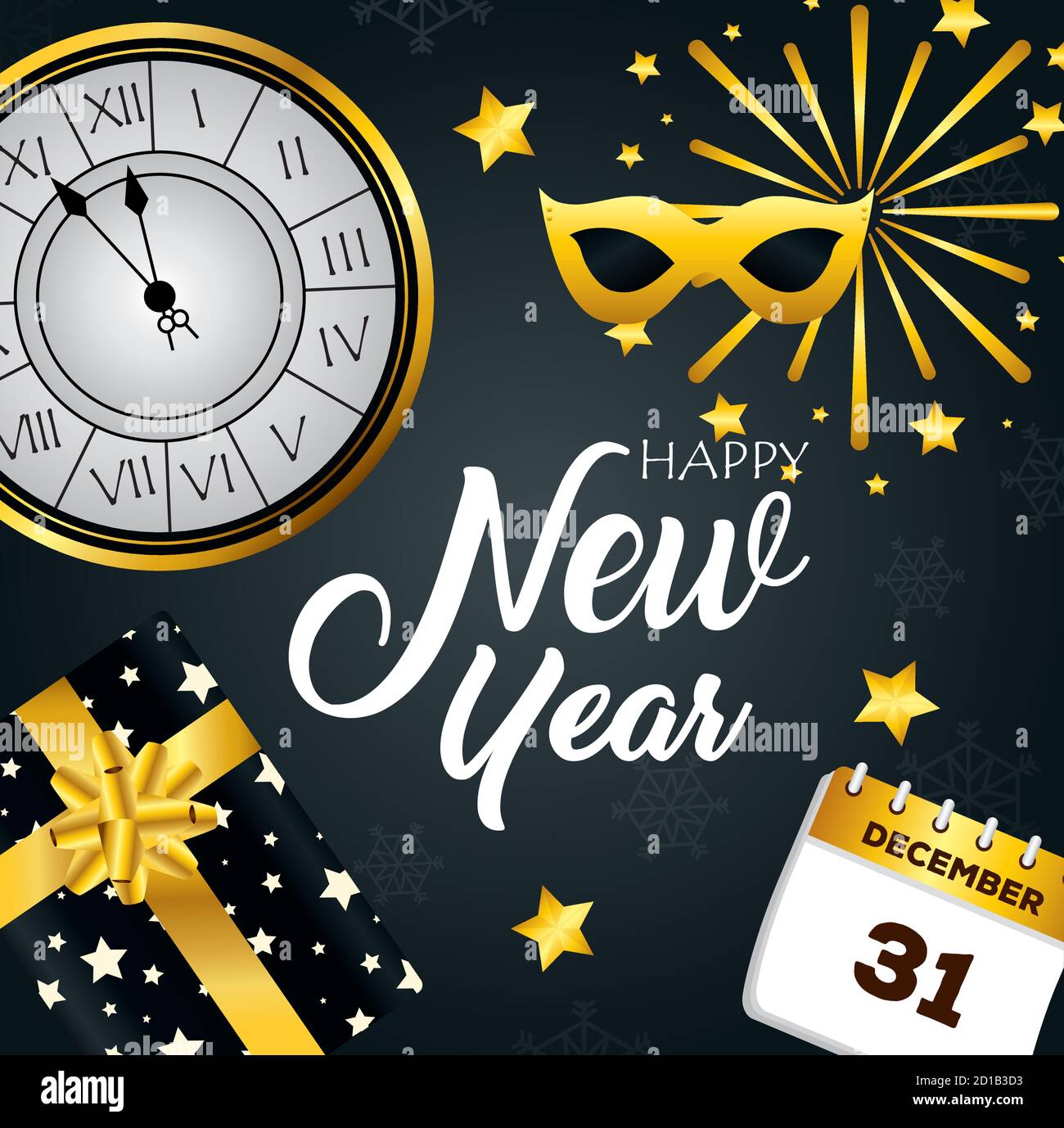 Happy new year gift clock glasses and calendar vector design Stock ...