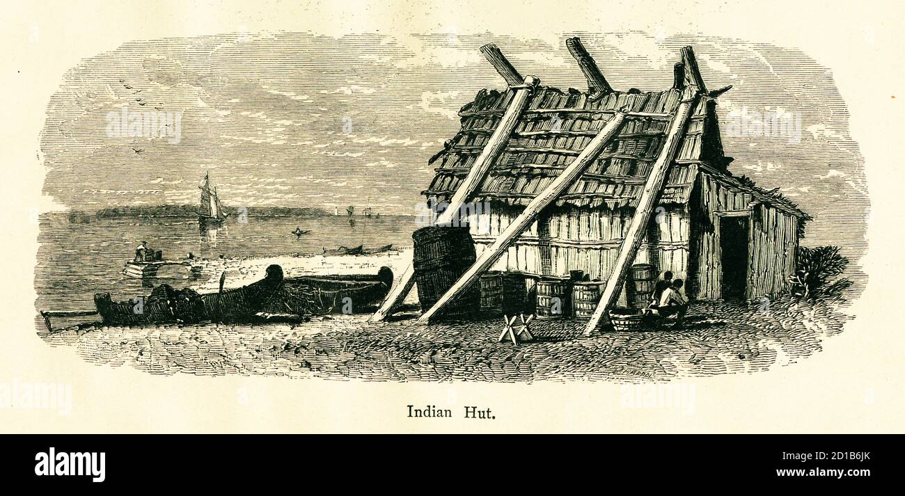 Antique engraving depicting a hut of Native Americans, on Mackinac ...