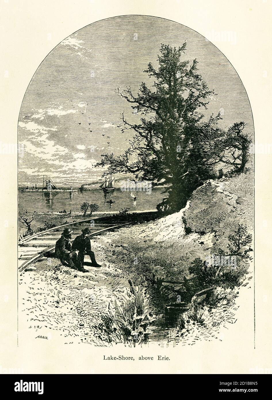19th-century engraving of Lake Erie shore, Pennsylvania. Lake Erie is ...