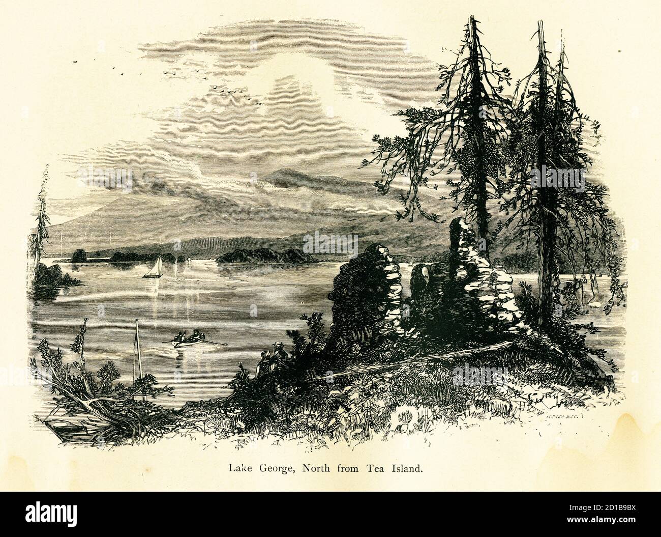 19th-century engraving of Lake George as viewed north from Tea Island ...