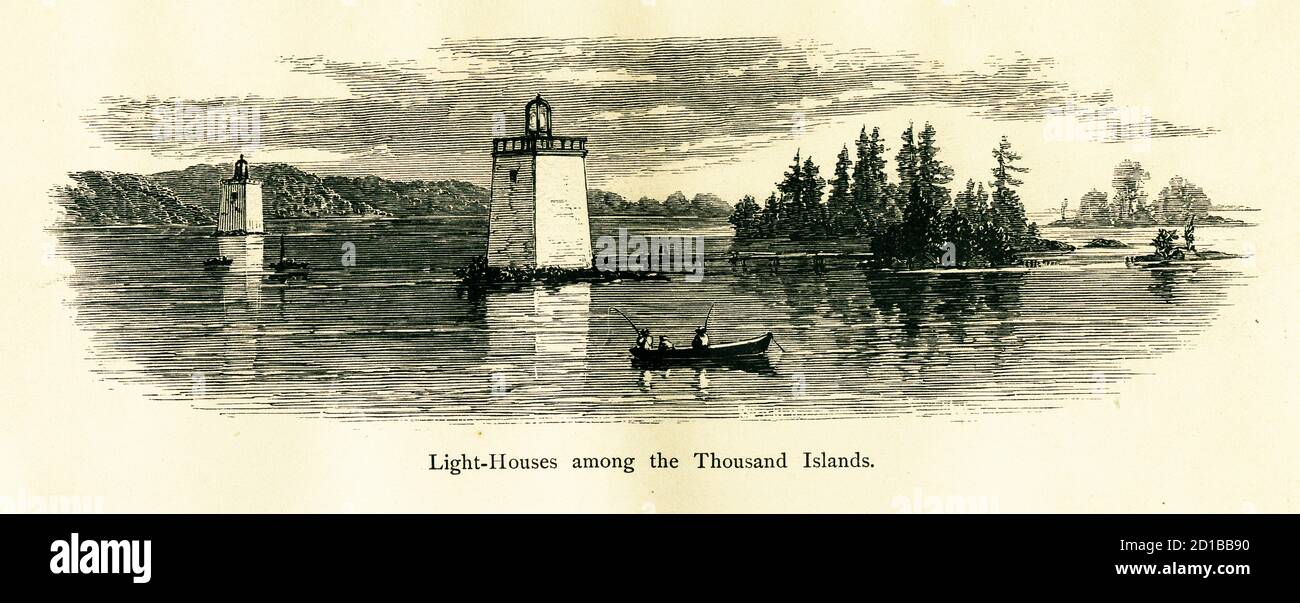 Antique engraving of lighthouses among the Thousand Islands, an ...