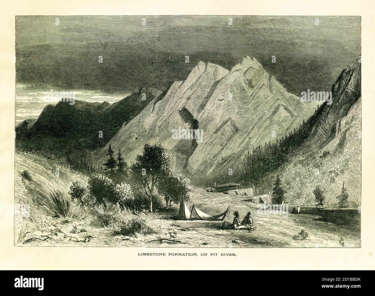 19th-century engraving of limestone formation on Pit River, U.S. state ...