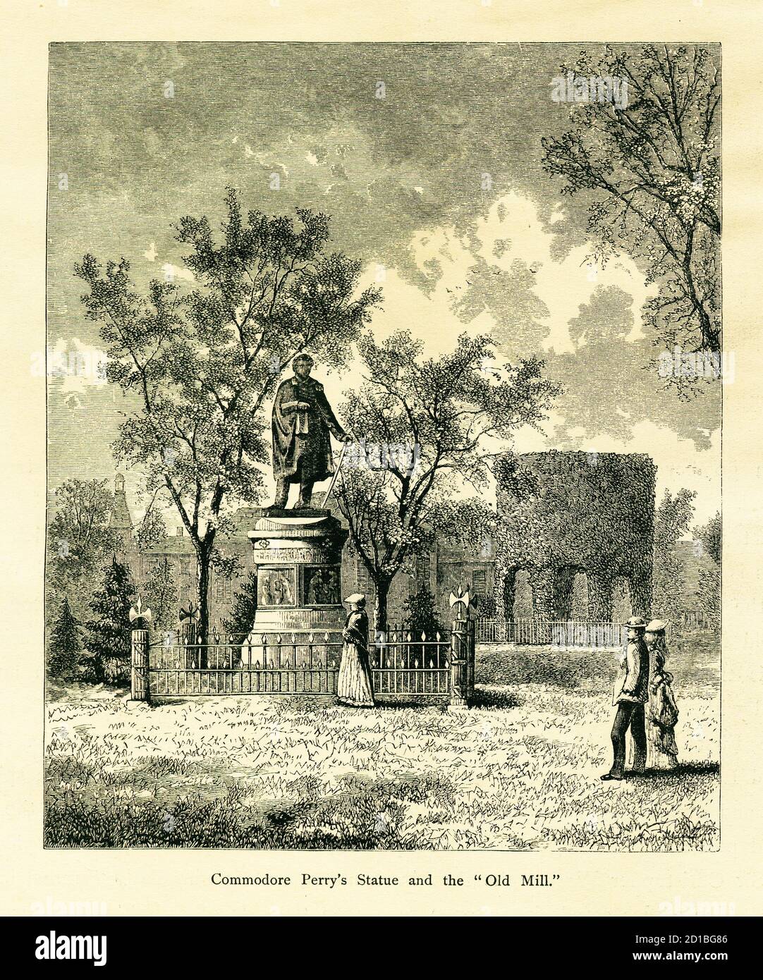 19th-century engraving of Matthew Perry Monument commemorating Matthew C. Perry, Commodore of ...