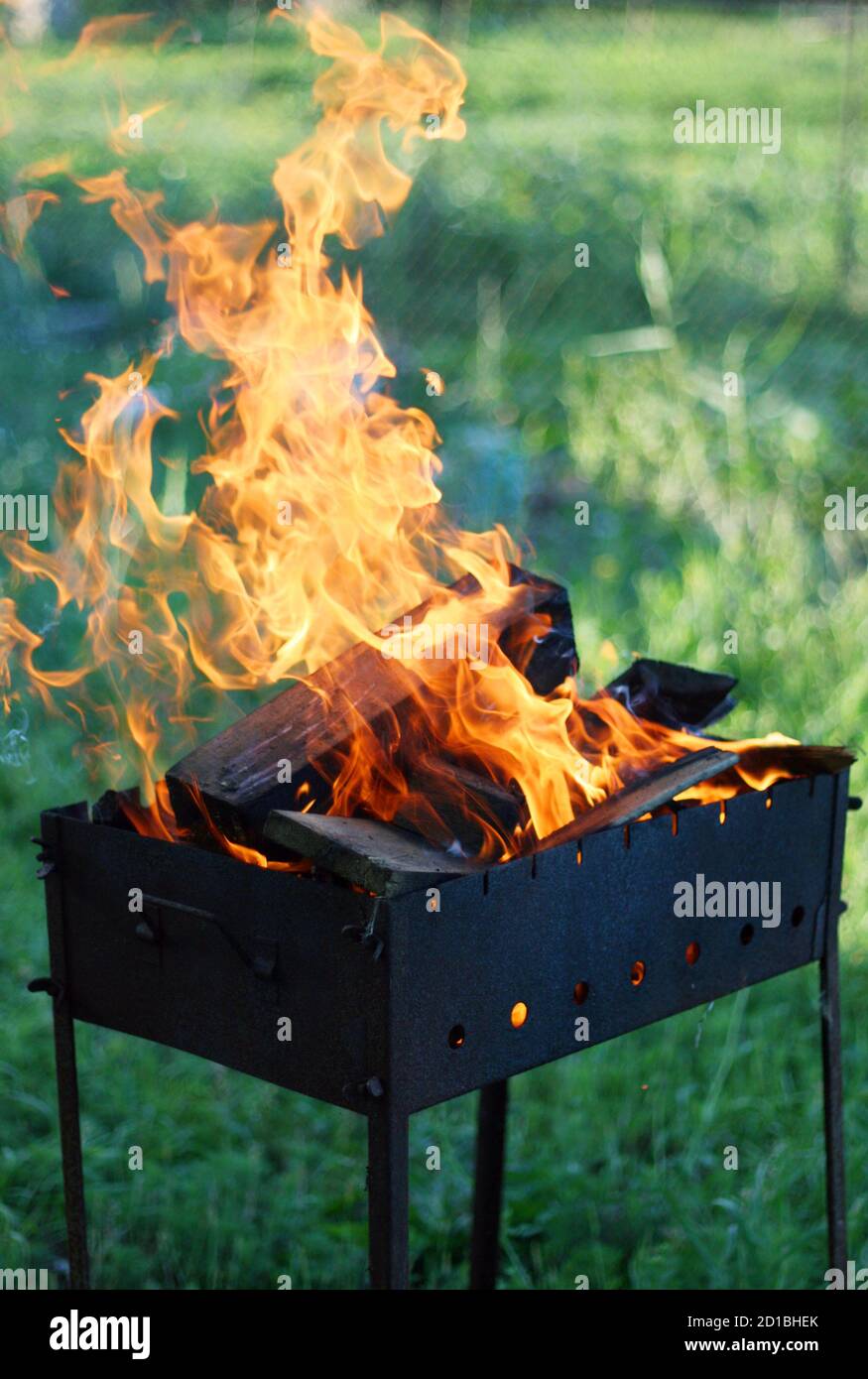 Firewood is burning in the grill. Rest and barbecue in the forest in ...