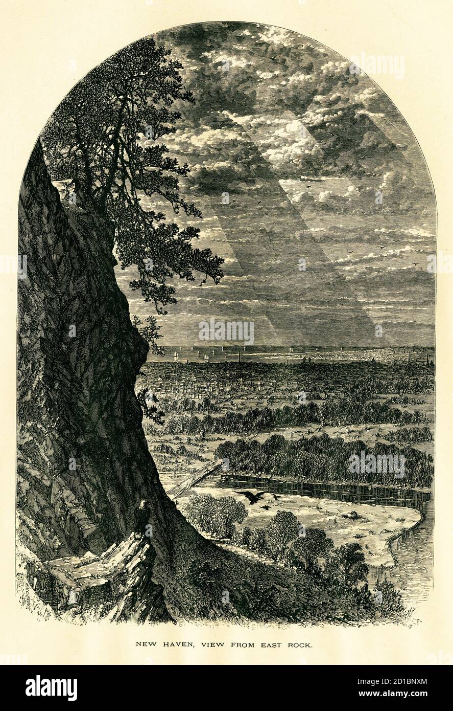 Antique illustration of New Haven viewed from East Rock, a rock ridge ...