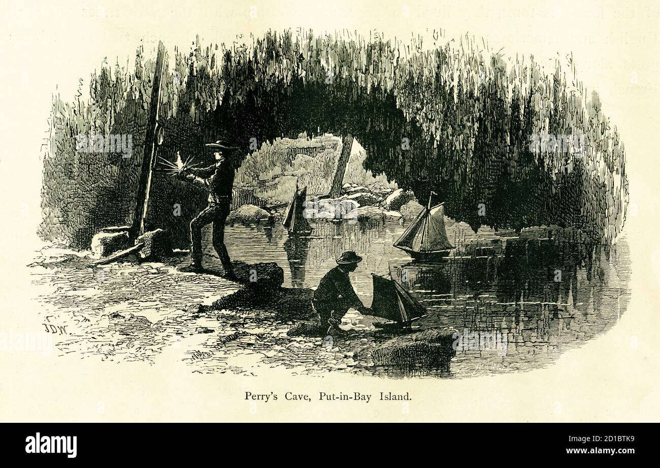 19th-century engraving of Perry's Cave, located in Put-in-Bay, U.S ...