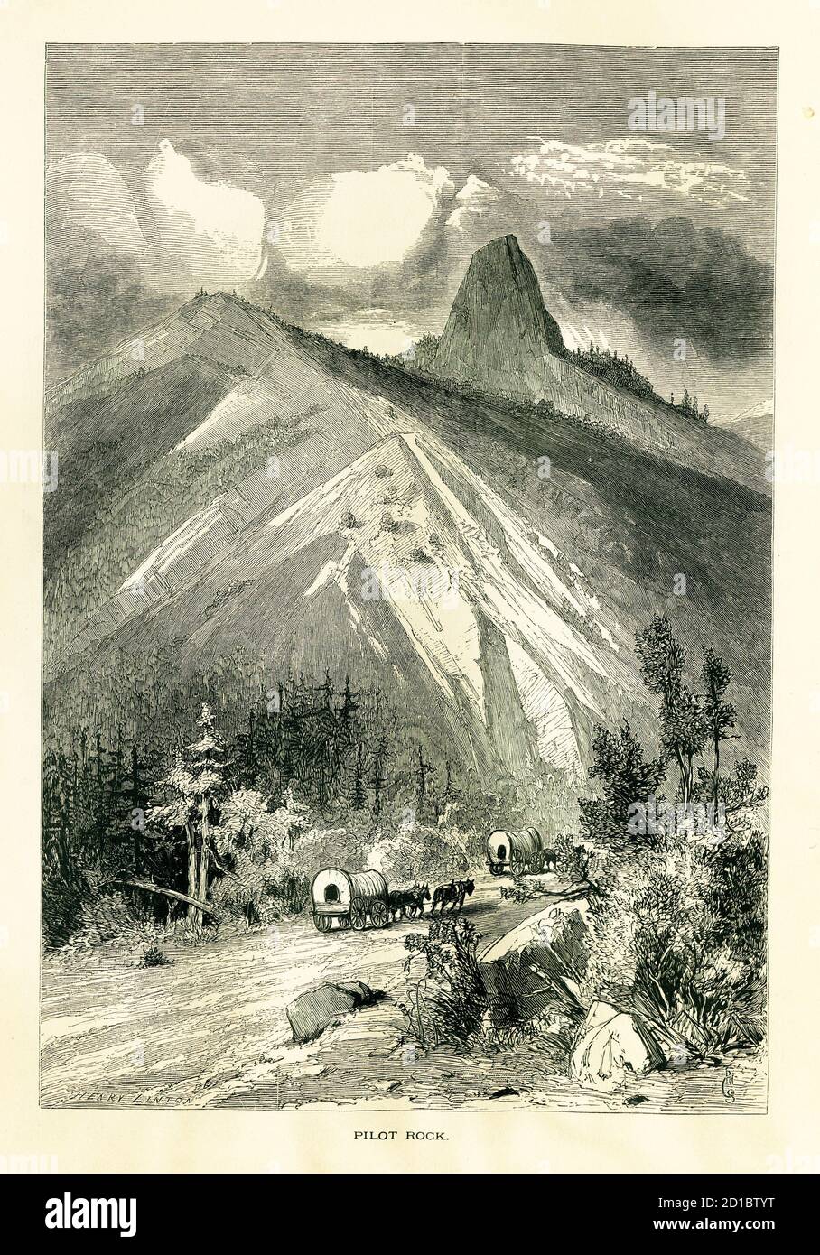 Antique illustration of Pilot Rock, a basalt formation located on the ...