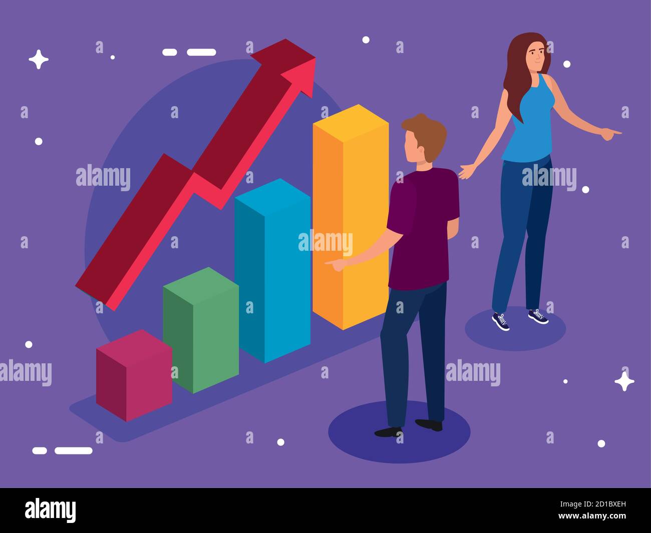 bars chart with increase arrow woman and man vector design Stock Vector ...