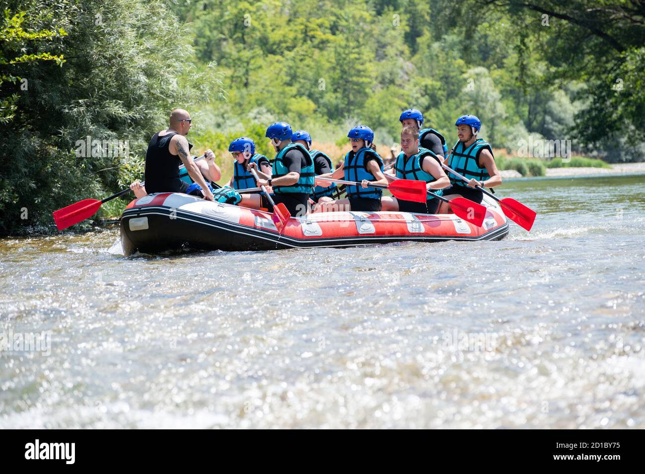 Rafting team goes down the river on the beautiful sunny day Stock Photo ...
