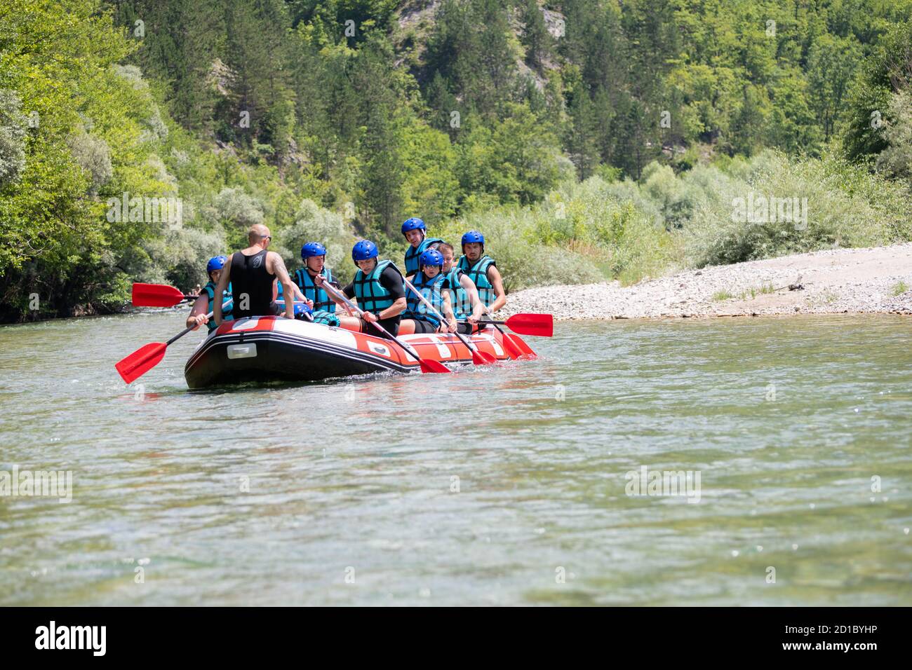 Rafting team goes down the river on the beautiful sunny day Stock Photo ...