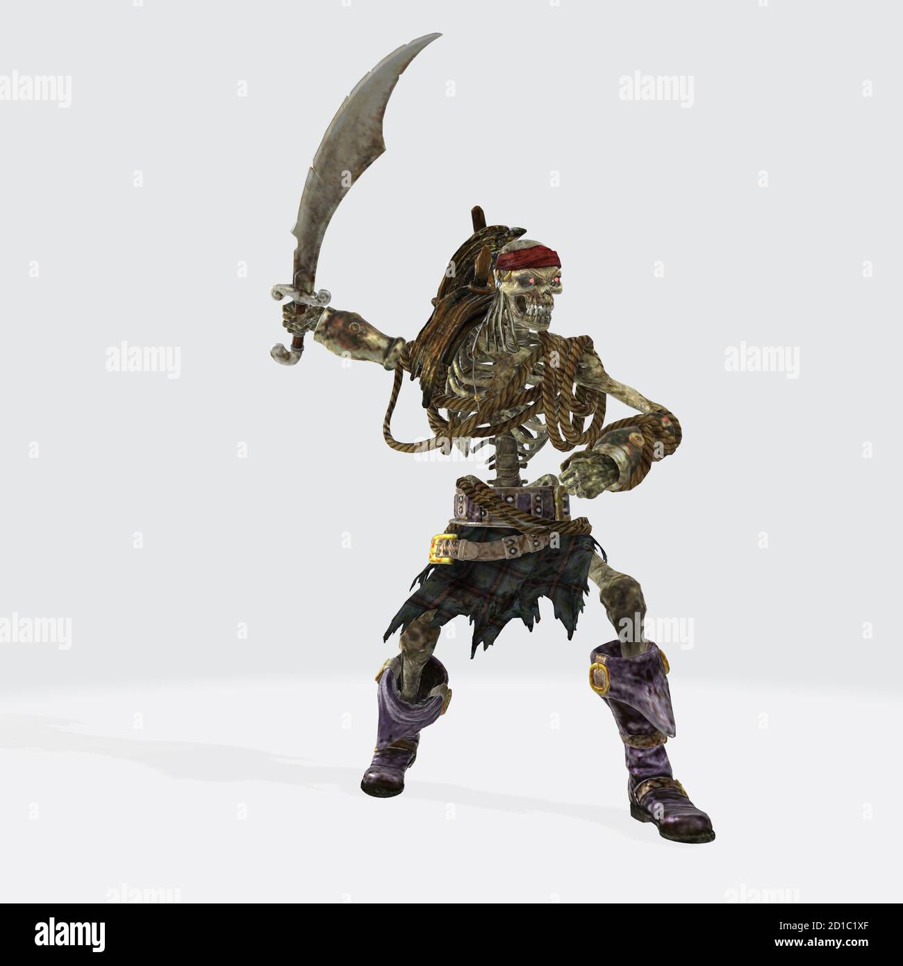 3D rendering of a pirate skeleton character with a scimitar sword in a ...