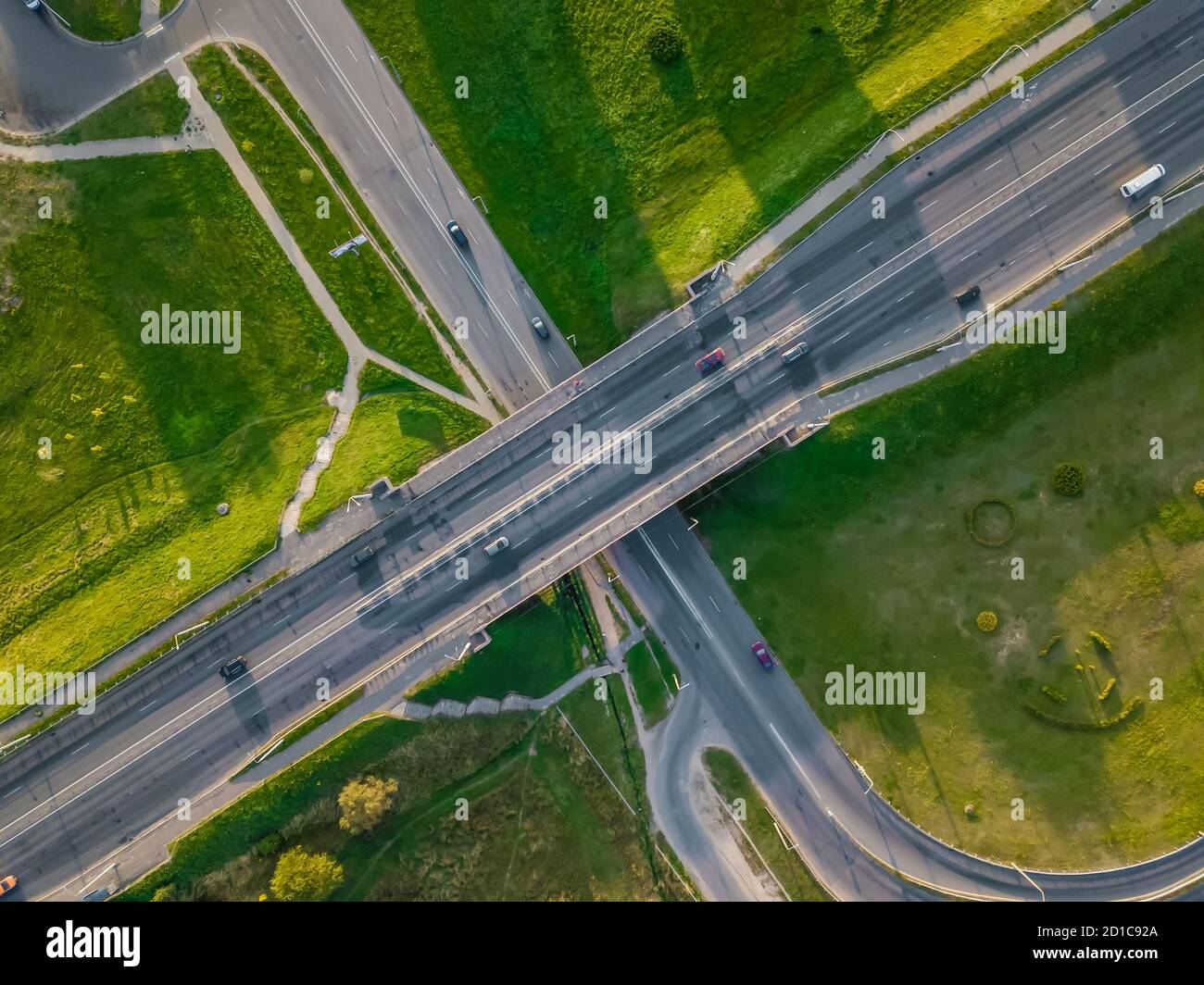 Top view from the drone on the road, bridge with cars in the city on a ...
