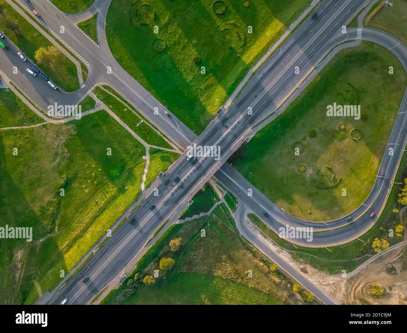 Top view from the drone on the road, bridge with cars in the city on a ...