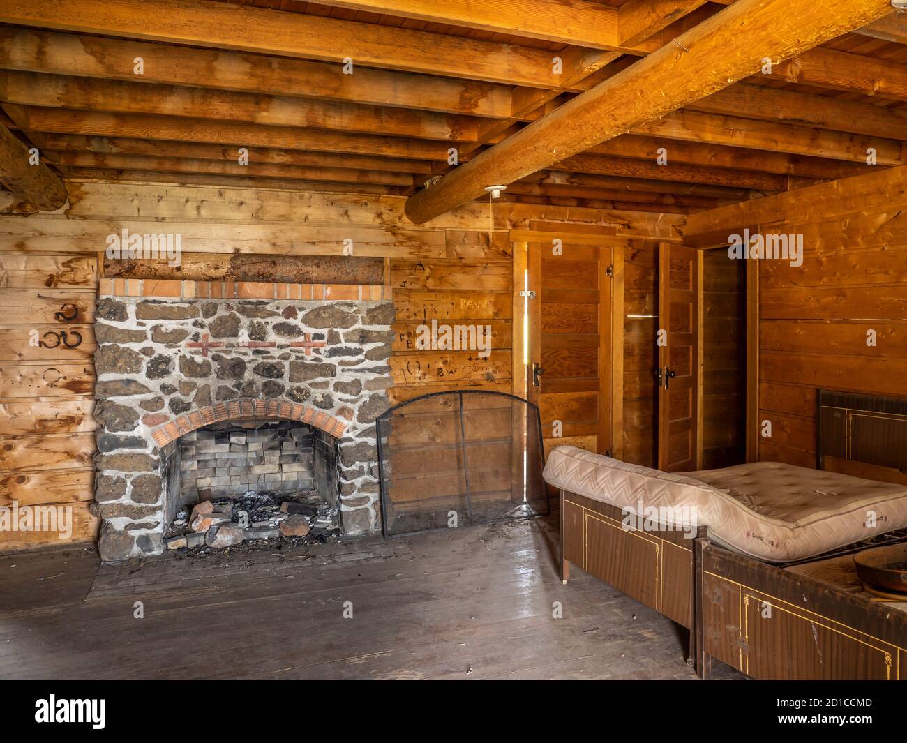 Living room and fireplace, abandoned ranch house near Crane Lake, Grand ...