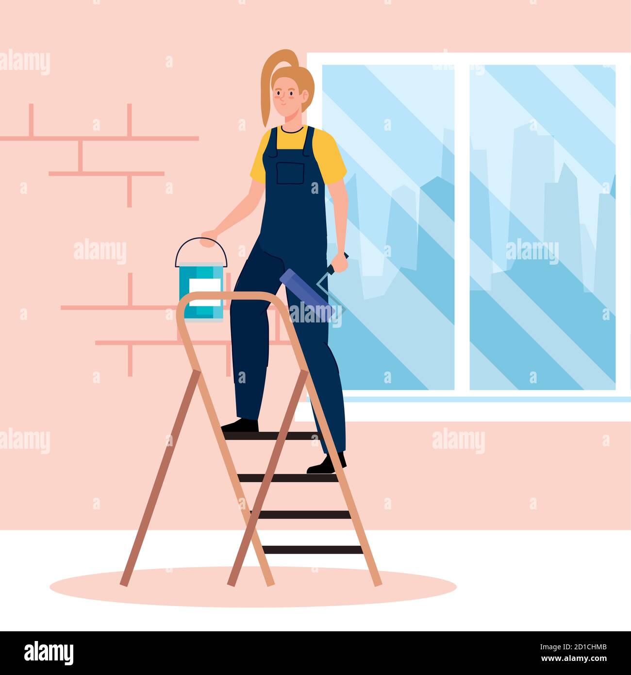 woman cartoon painting with bucket on ladder vector design Stock Vector ...