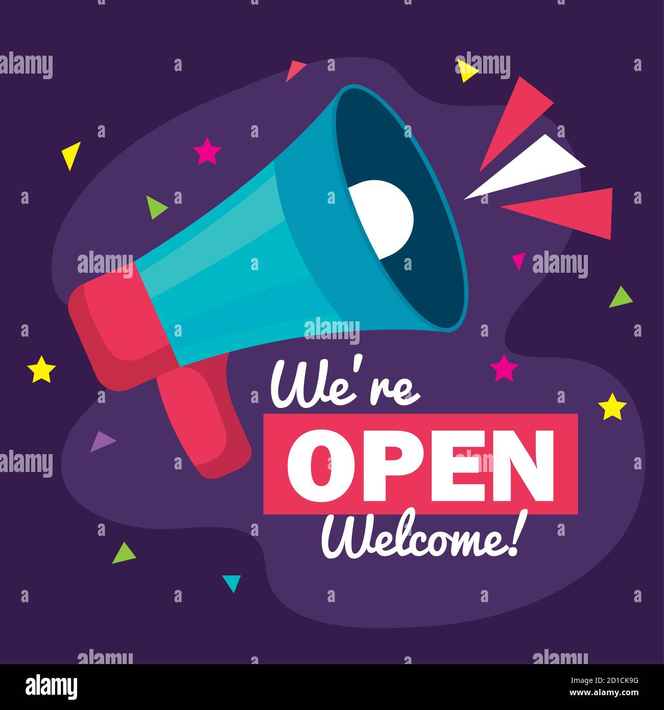 banner, lettering we are open welcome with megaphone Stock Vector Image ...