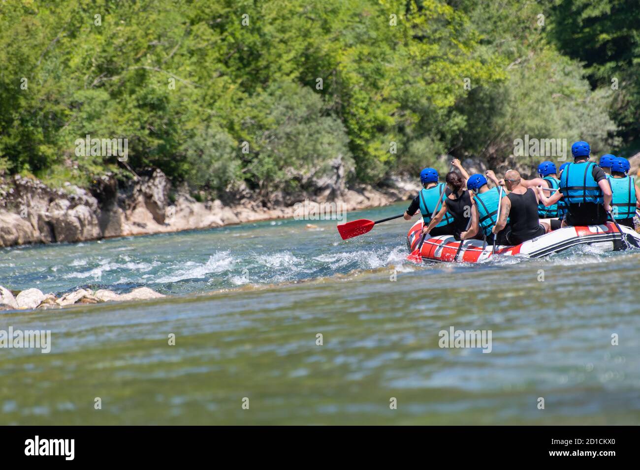 Rafting team goes down the river on the beautiful sunny day. Back view ...