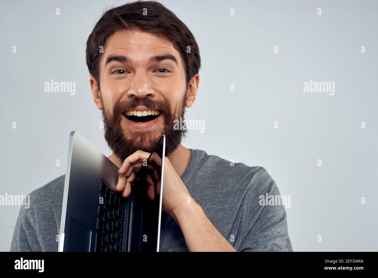 man holding laptop technology internet work communication light ...