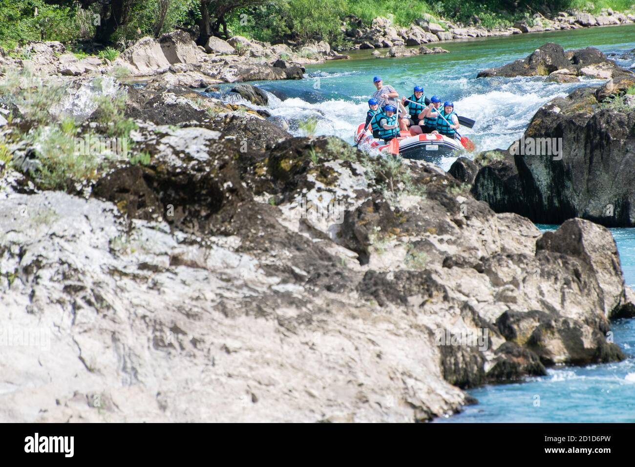Rafting team goes down the river on the beautiful sunny day Stock Photo ...