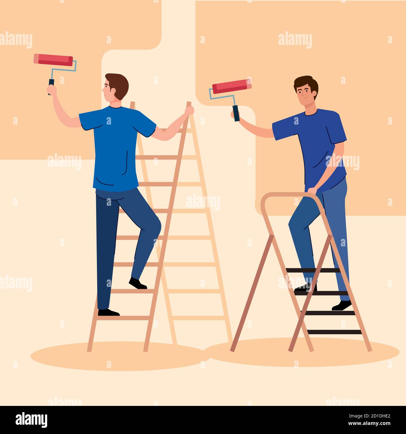 men cartoons painting with roll on ladders vector design Stock Vector ...
