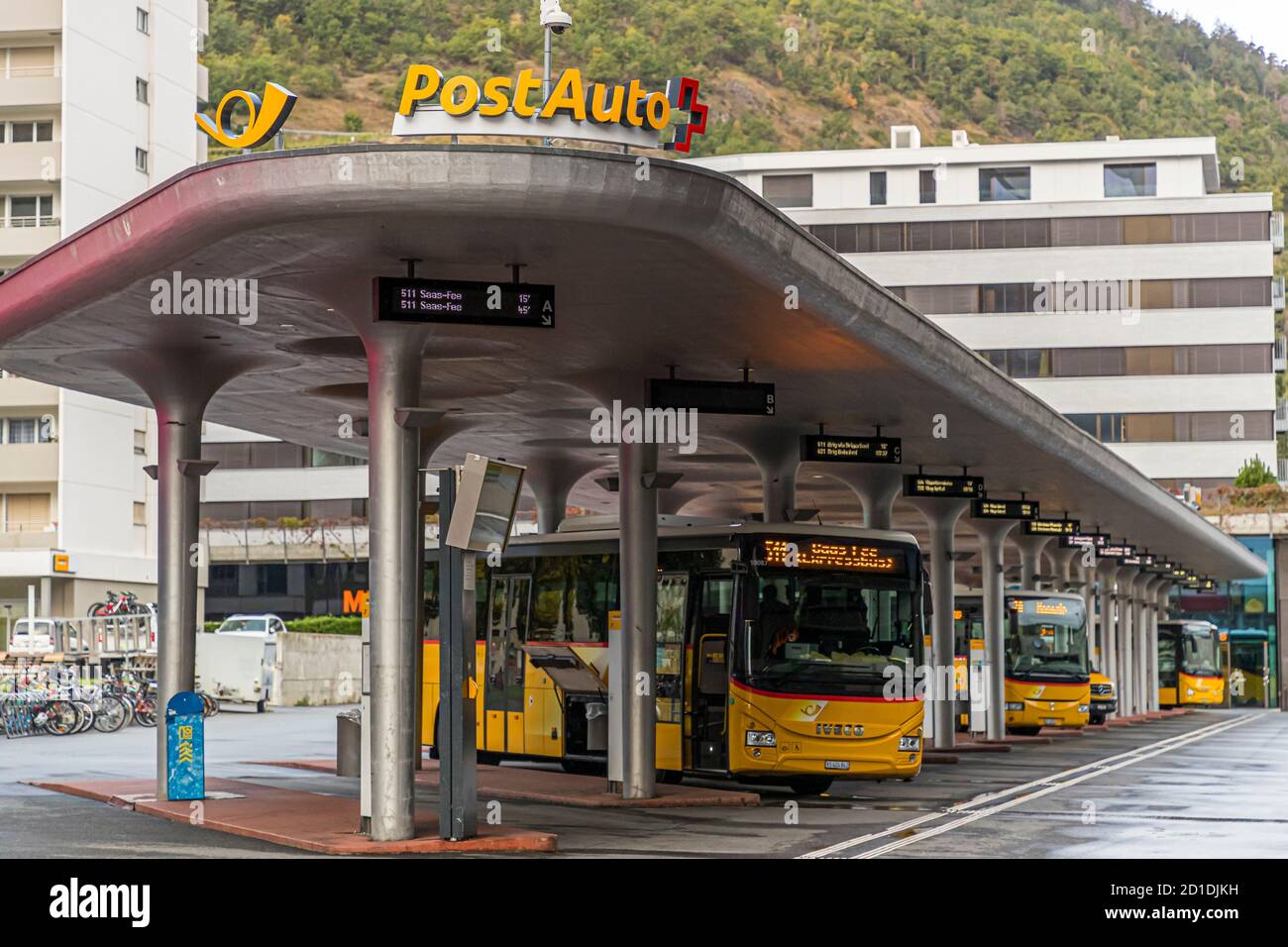 The Swiss post bus terminates in the Valais city of Visp, Switzerland ...