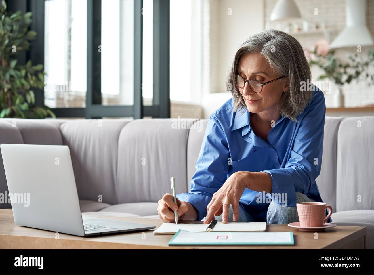 Stylish mature older woman working from home on laptop taking notes ...